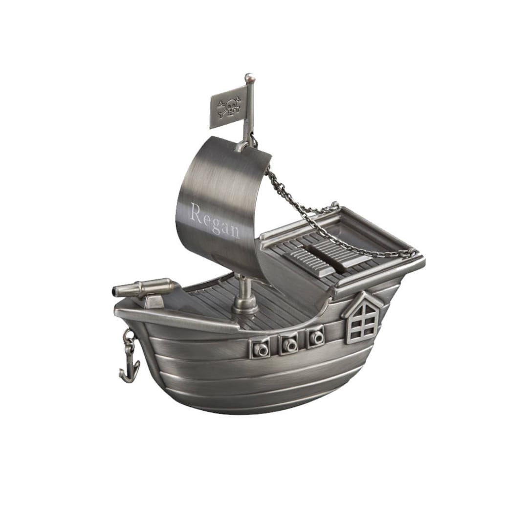 Personalized Pirate Ship Coin Bank – Engraved Pewter Ring Bearer Gift ...