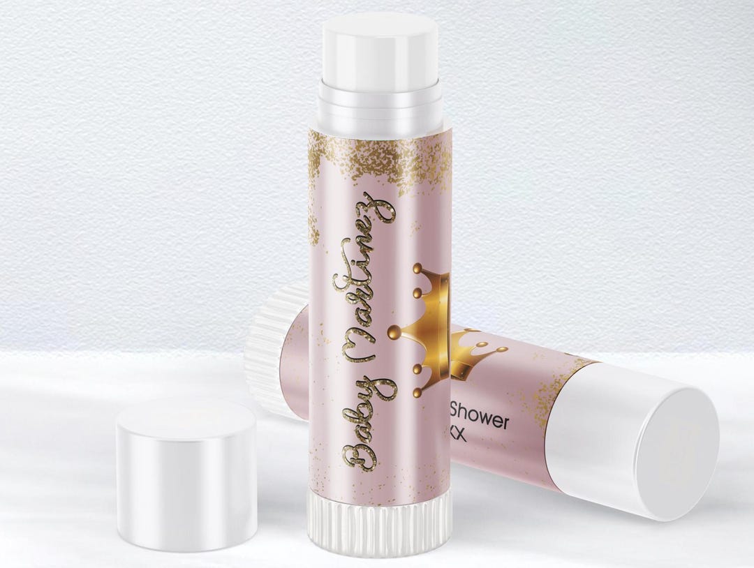Personalized Pink and Gold Crown Baby Shower Lip Balm Labels - Etsy