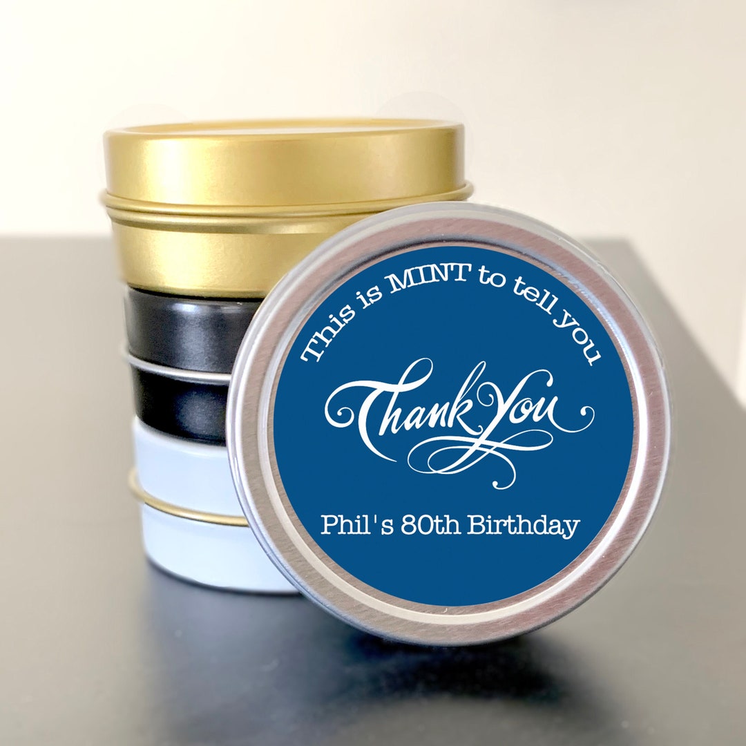 Personalized Birthday Party Favor Tins – Thank You Candy in Black, Gold ...