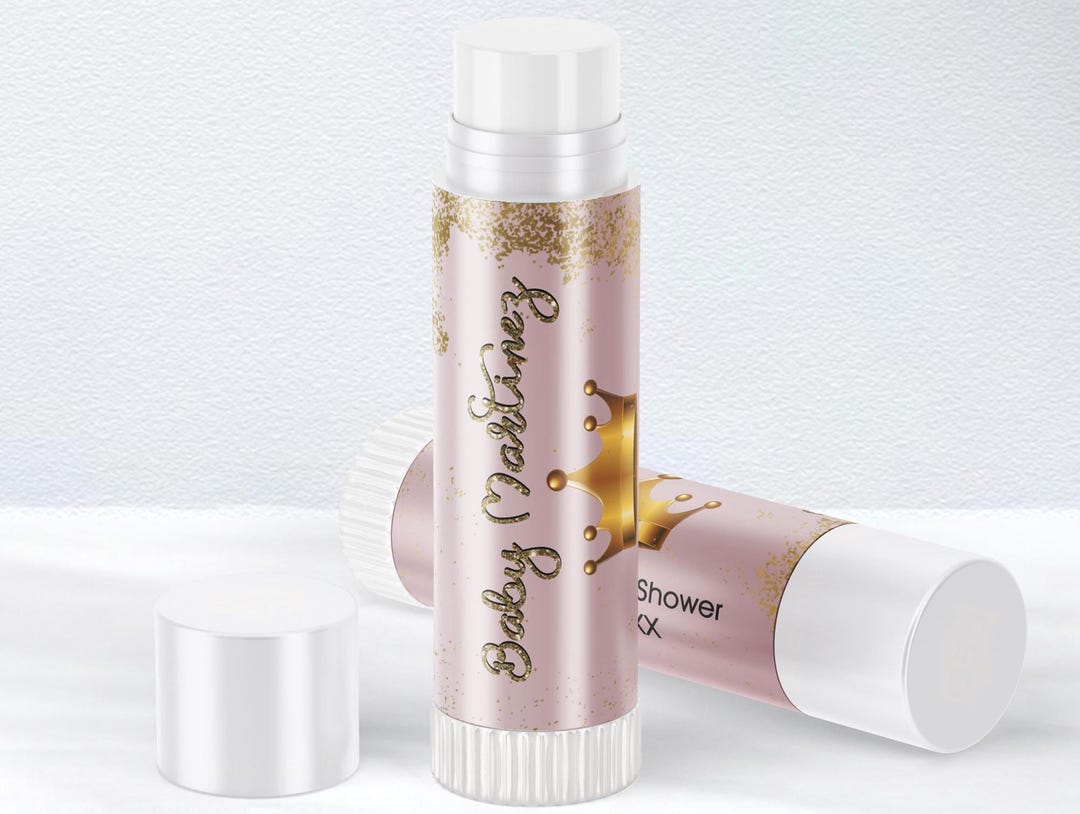 Personalized Pink and Gold Crown Baby Shower Lip Balm Labels - Etsy