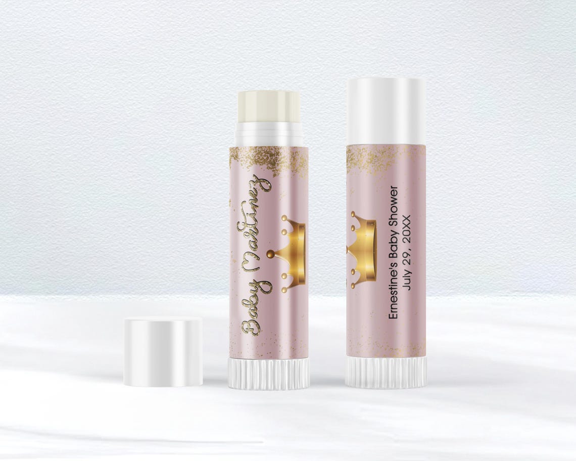 Personalized Pink and Gold Crown Baby Shower Lip Balm Labels - Etsy