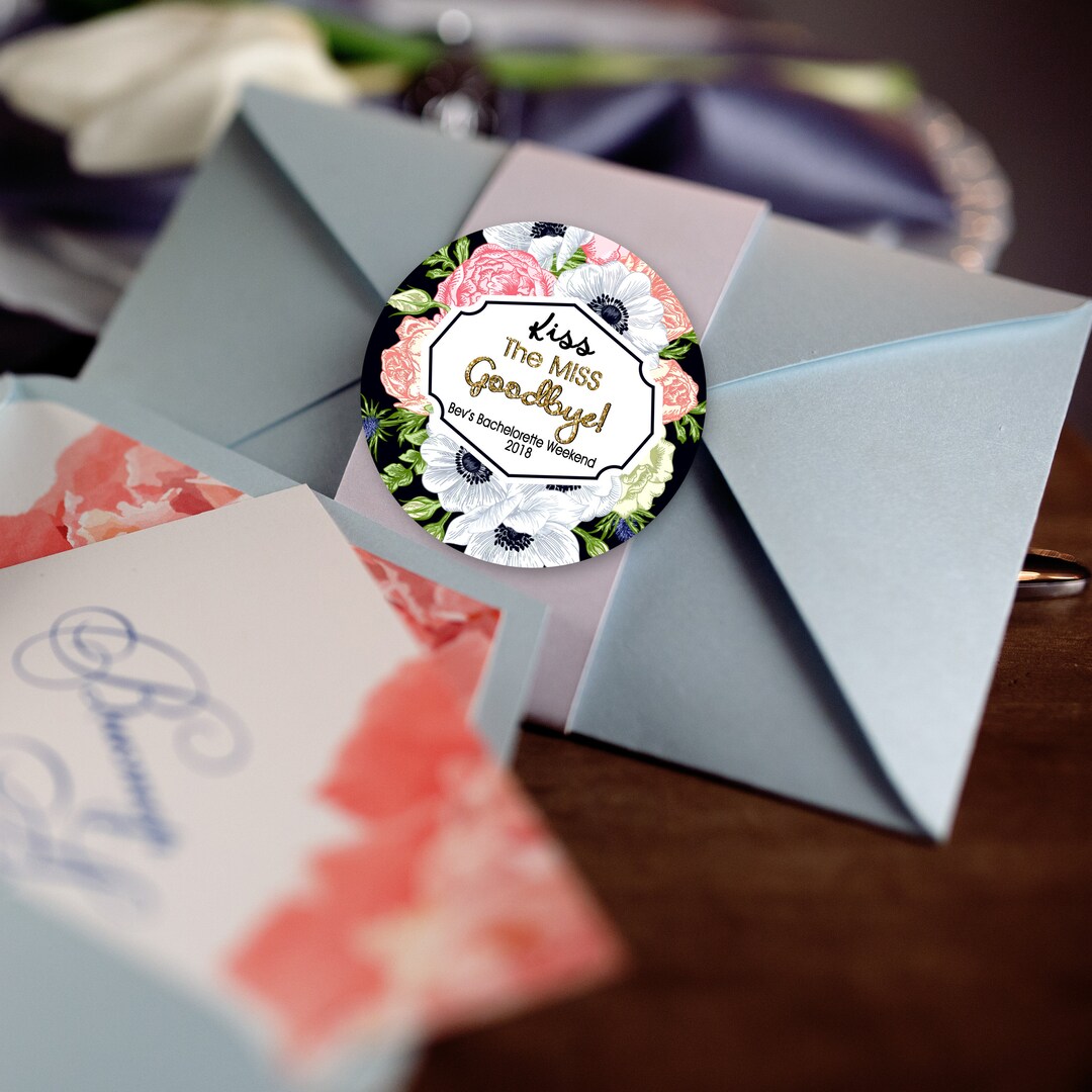 Kiss the Miss Goodbye Floral Labels - Personalized Stickers - Round ...