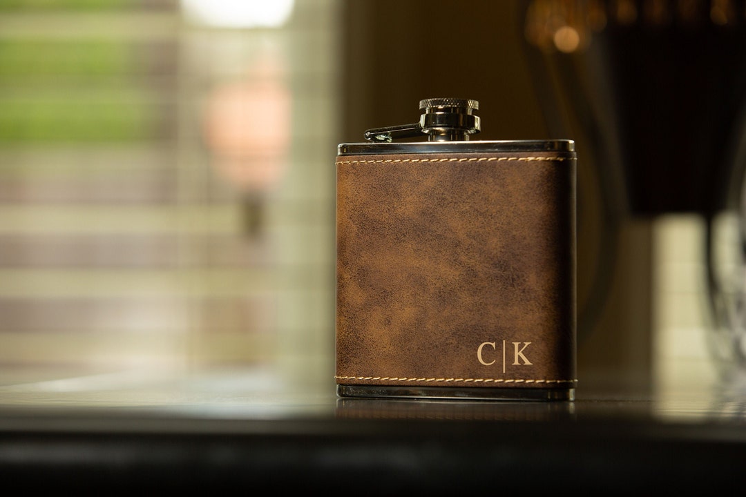 Groomsmen Gift, Personalized Flask Set for Men, Rustic Brown Leather ...