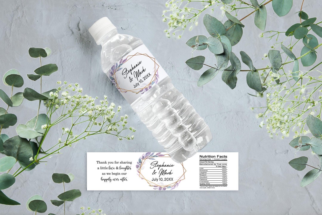 Personalized Printed Water Bottle Labels - Gold Frame Wisteria - Bridal ...