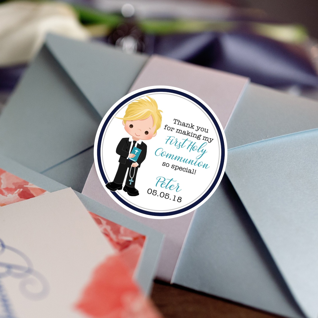 First Holy Communion, Round Stickers, Boys Holy Communion Stickers ...