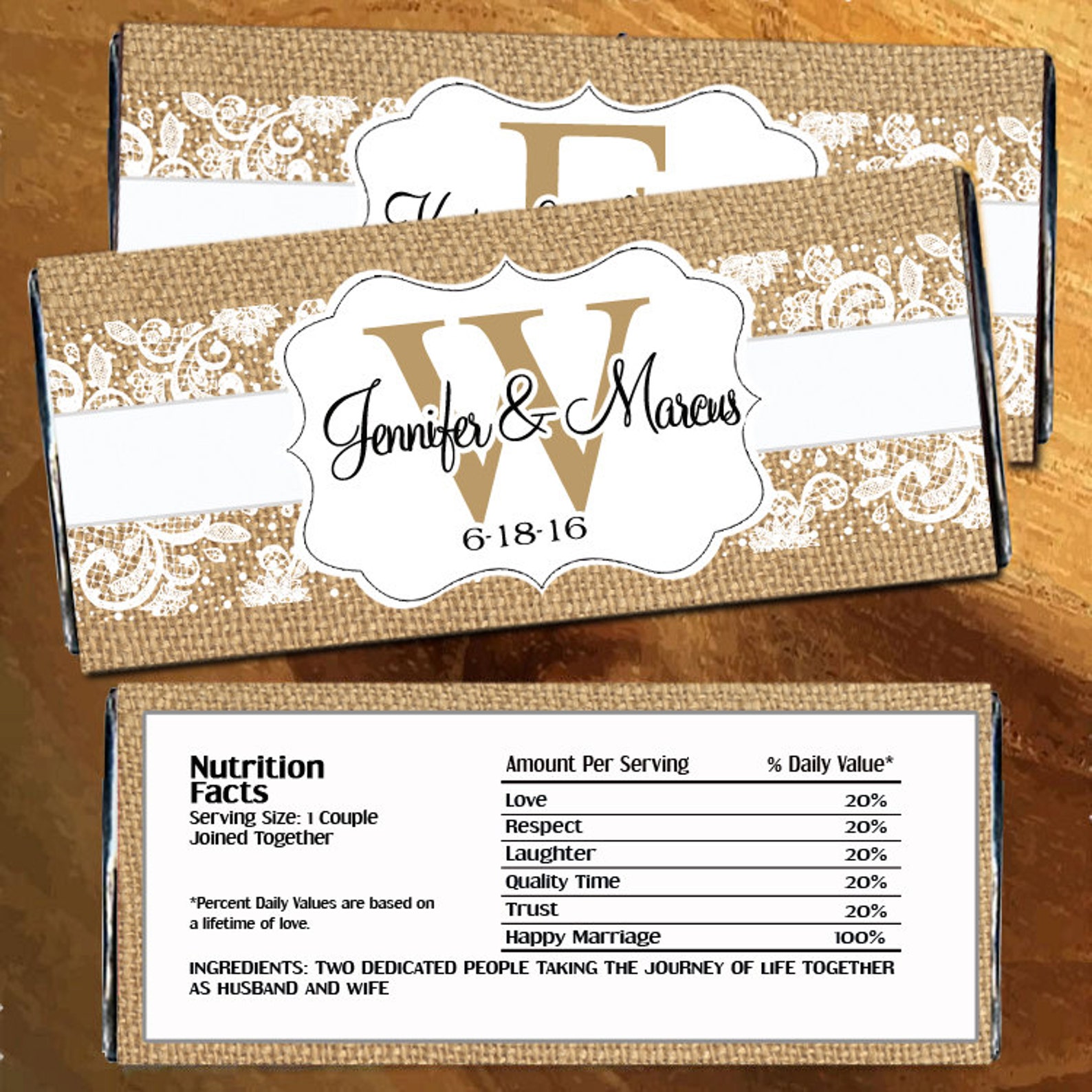 12 Personalized Burlap and Lace Monogram Candy Bar Wrappers for Large ...