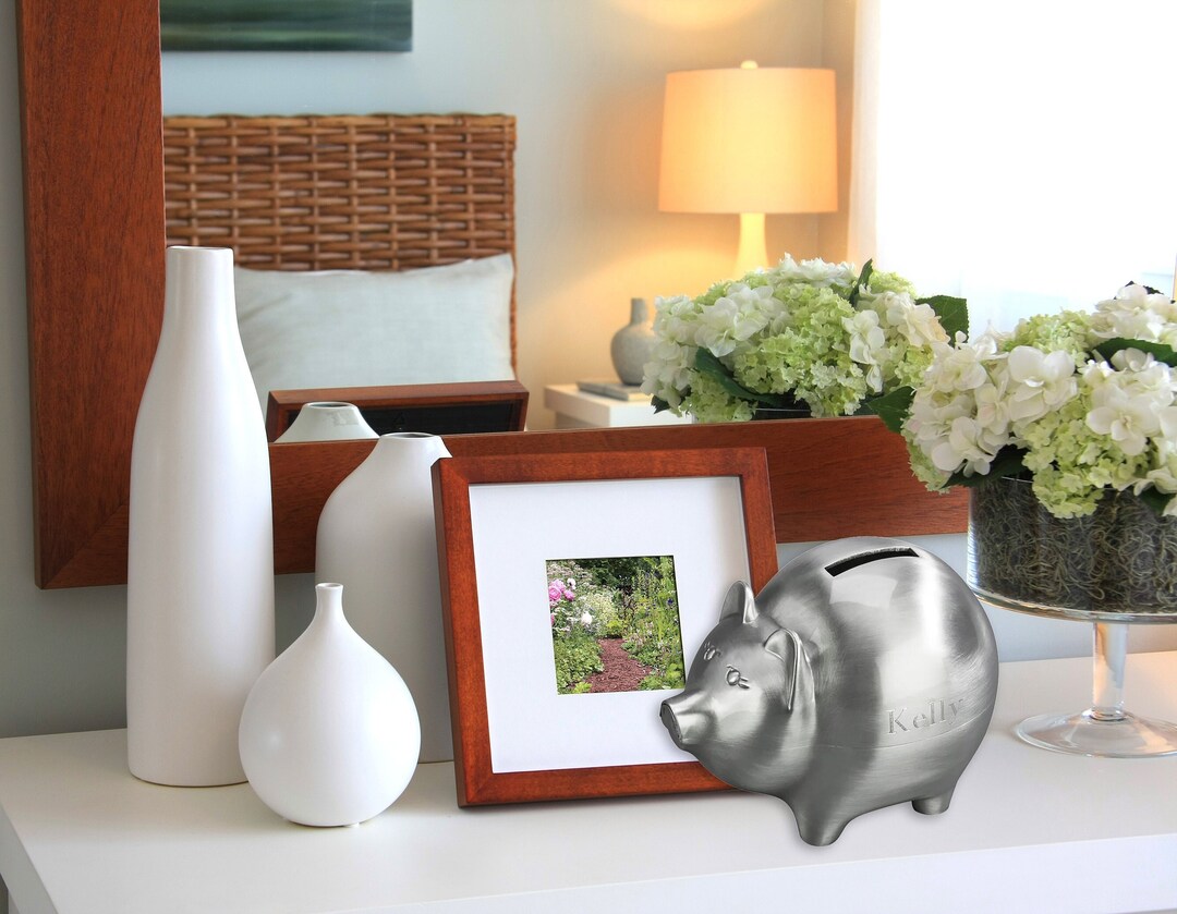 Personalized Large Brushed Pewter Piggy Bank, Engraved Gift, Gift for ...