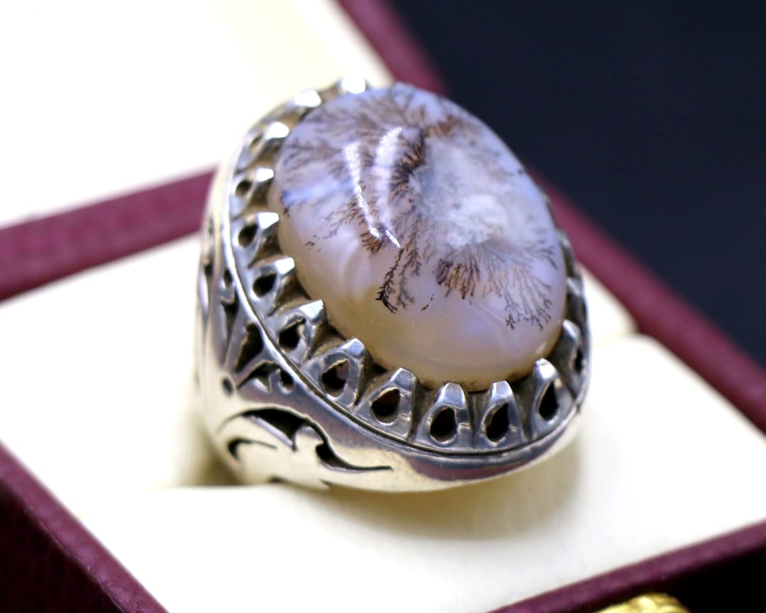 Dendritic Agate Ring for Men, Unique Gemstone Ring, Oval Cut Stone, Agate Silver Ring, Shajri ...