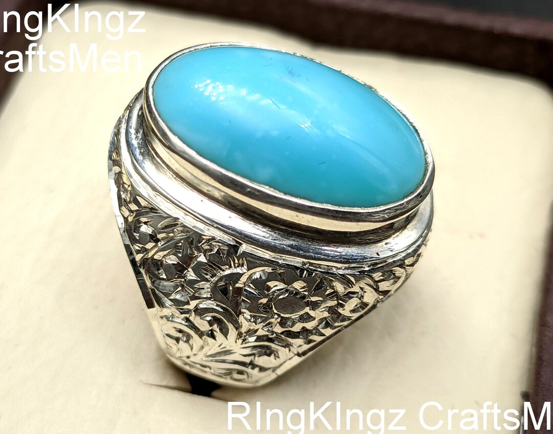 Turquoise Gemstone Mens Ring, 925 Sterling Silver, Natural Blue Feroza ...