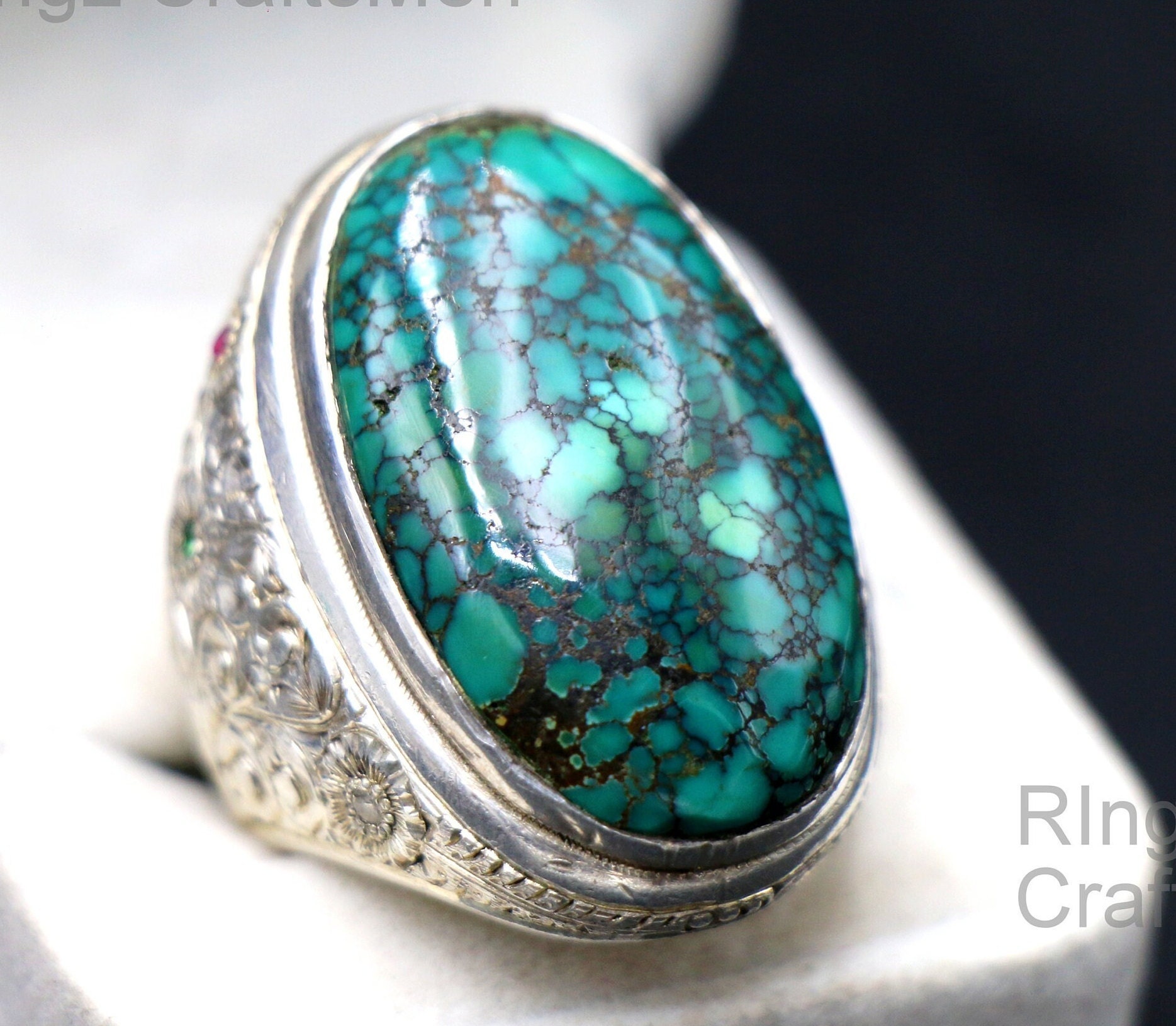 Spiderweb Turquoise Mens Ring, Oval Cut Cabochon Shape Stone, Natural Unique Gemstone Man Rings ...
