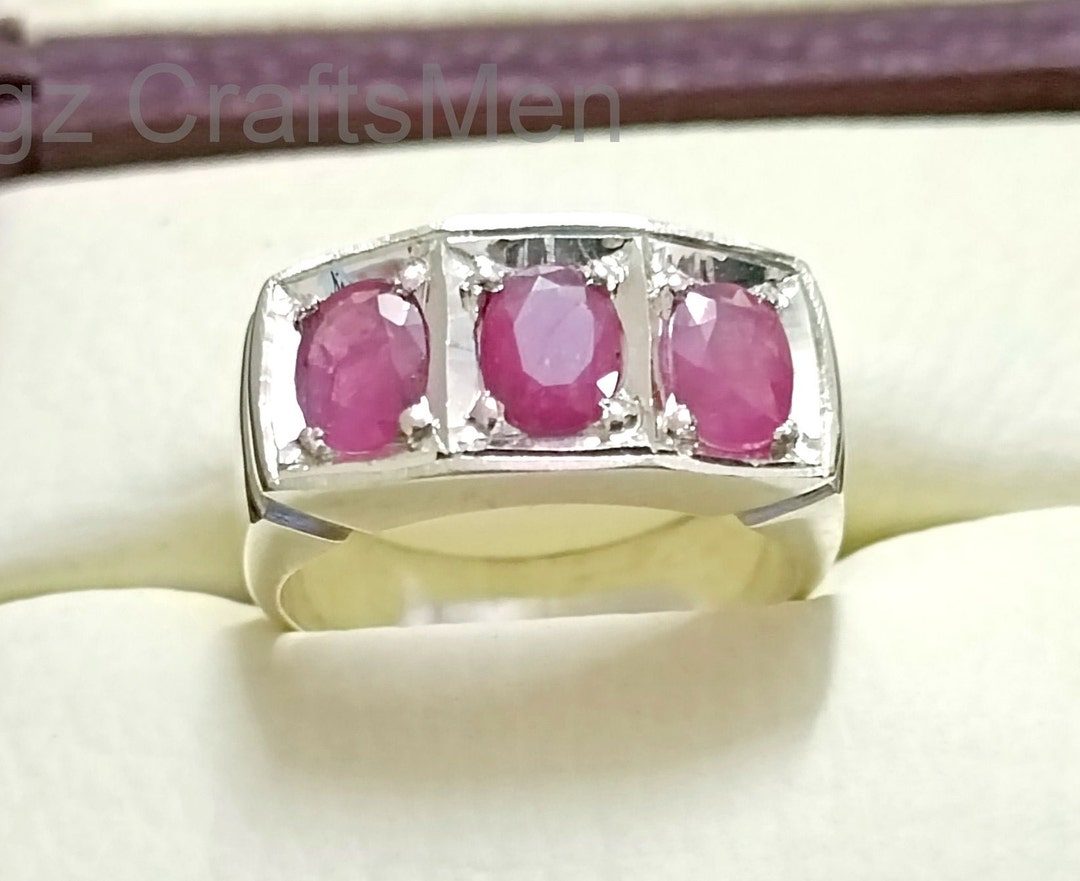 Ruby Ring Men in 925 Sterling Slver, Pinkish Red Rubies, Multi Stone ...