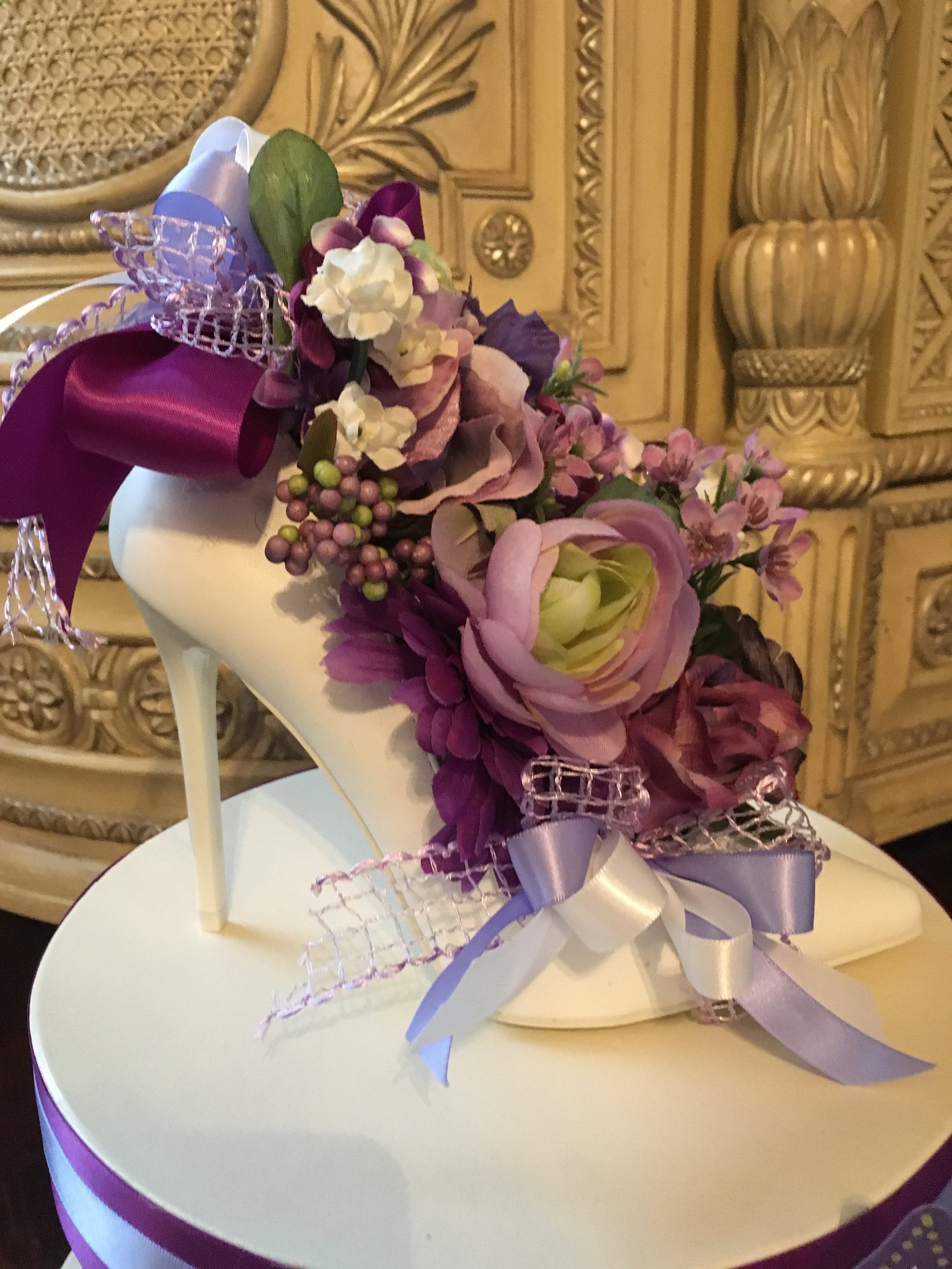 high heel shoe centerpiece, high heal shoe decorations, chanel theme ...