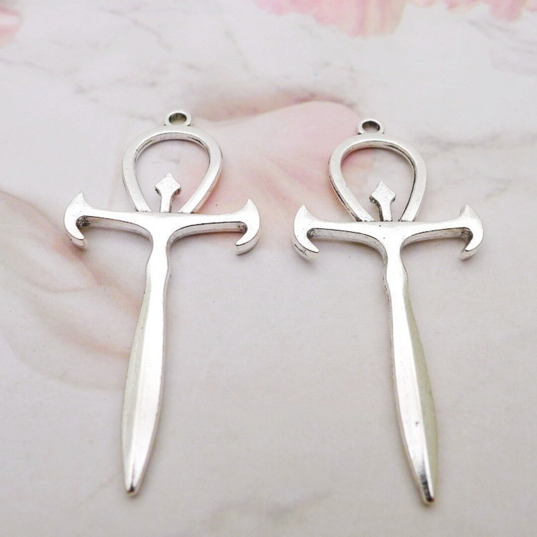 6 or 15PCS Silver Tone Ankh Cross Sword Charms Pendant, Large 2 Sided ...