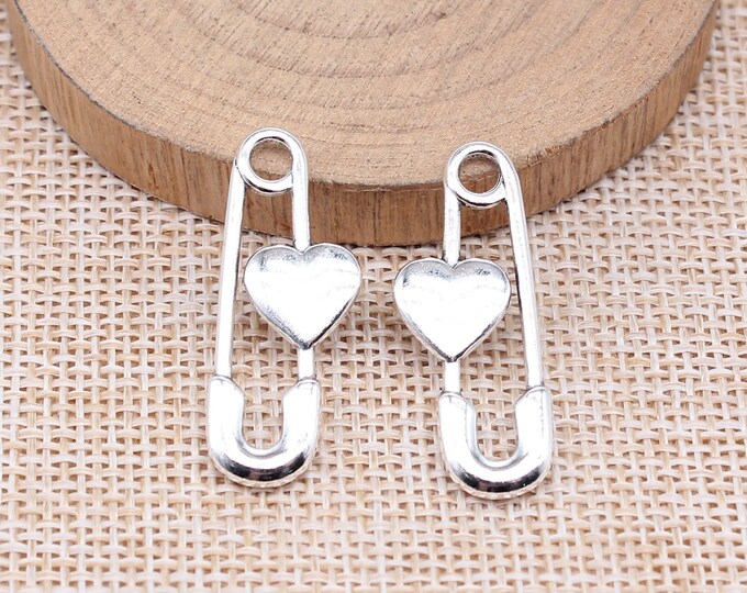 10 or 25PCS Antique Silver Tone Safety Pin With Heart Charm Pendant ...