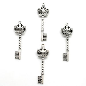 6/15PCS Antique Silver Tone Crown Key Charm Pendent, DIY Jewelry Charms ...