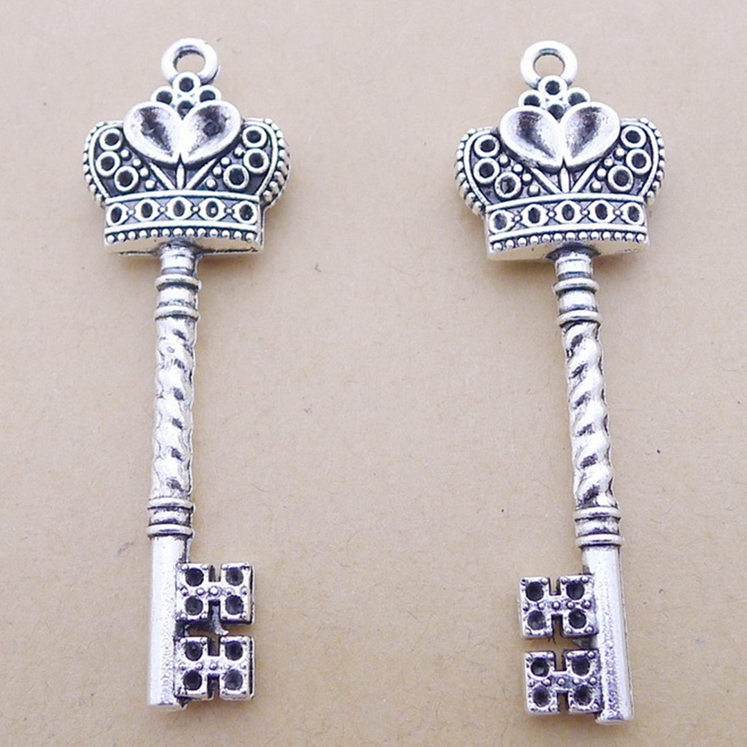 6/15PCS Antique Silver Tone Crown Key Charm Pendent, DIY Jewelry Charms ...