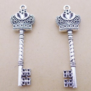 6/15PCS Antique Silver Tone Crown Key Charm Pendent, DIY Jewelry Charms ...