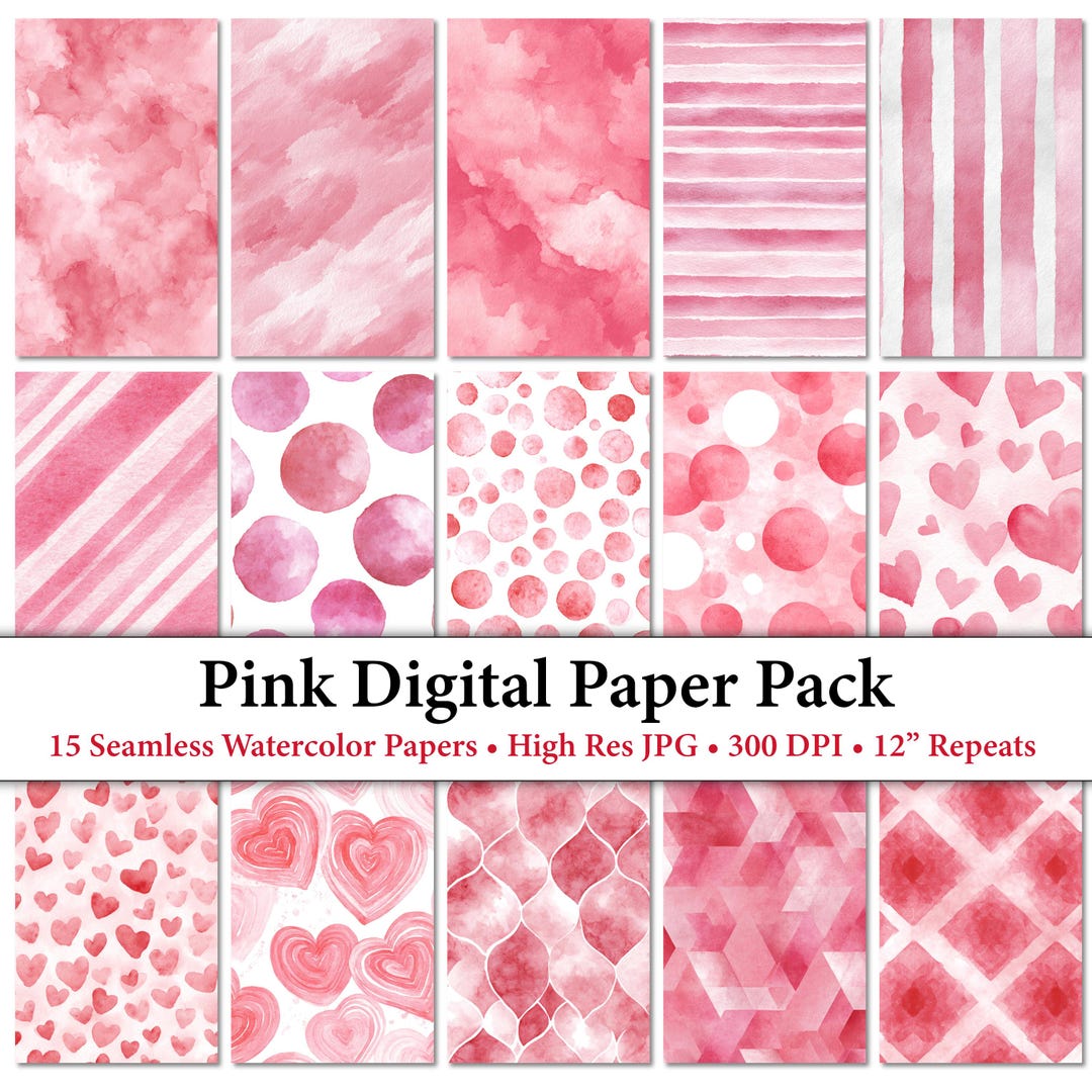Pink Digital Paper Pack | Watercolor Textures & Patterns | 15 Seamless ...
