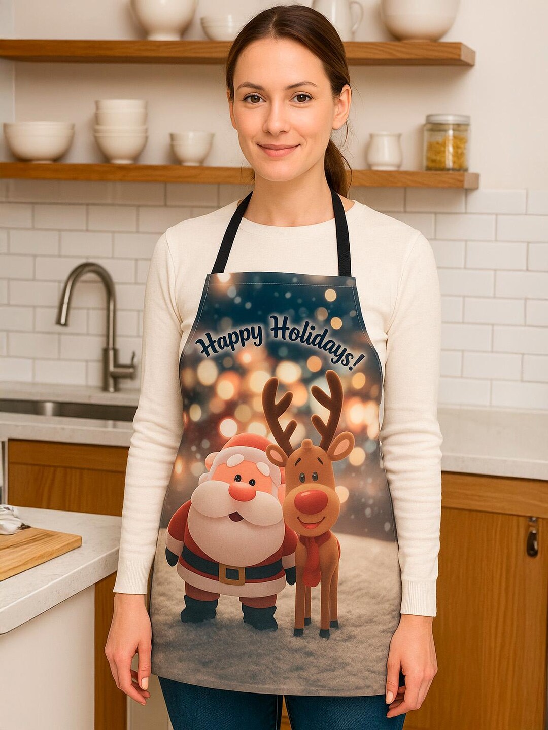 Santa and Reindeer Happy Holidays Apron | Christmas Kitchen Apron - Etsy