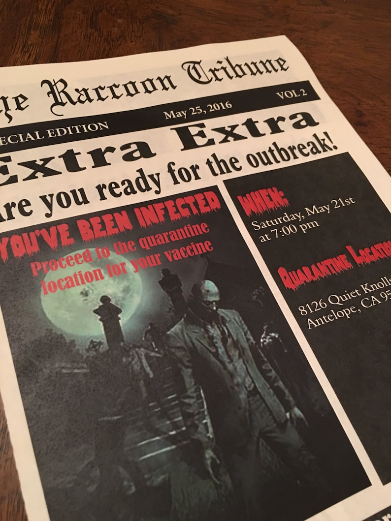 Newspaper Invitation -- Zombie Invitation -- Zombie Apocalypse ...