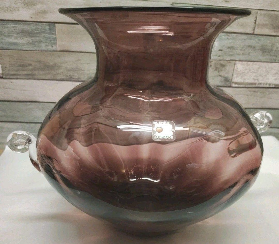 Vintage Blenko Glass 9726 Squatty Optic Vase Scroll Handles Amethyst ...