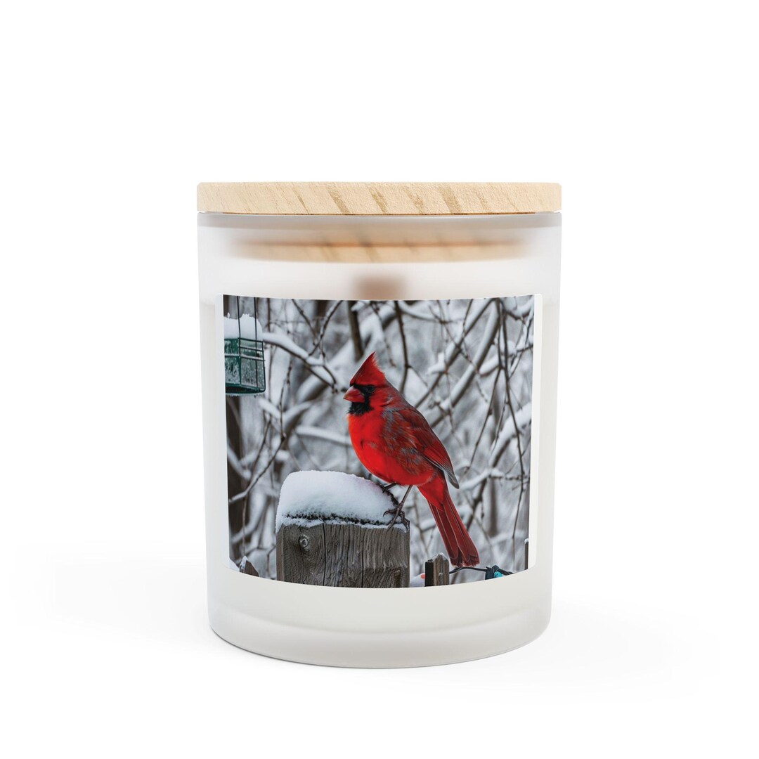 Red Cardinal in Winter Frosted Glass Candle, 11oz Oakmoss and Amber ...