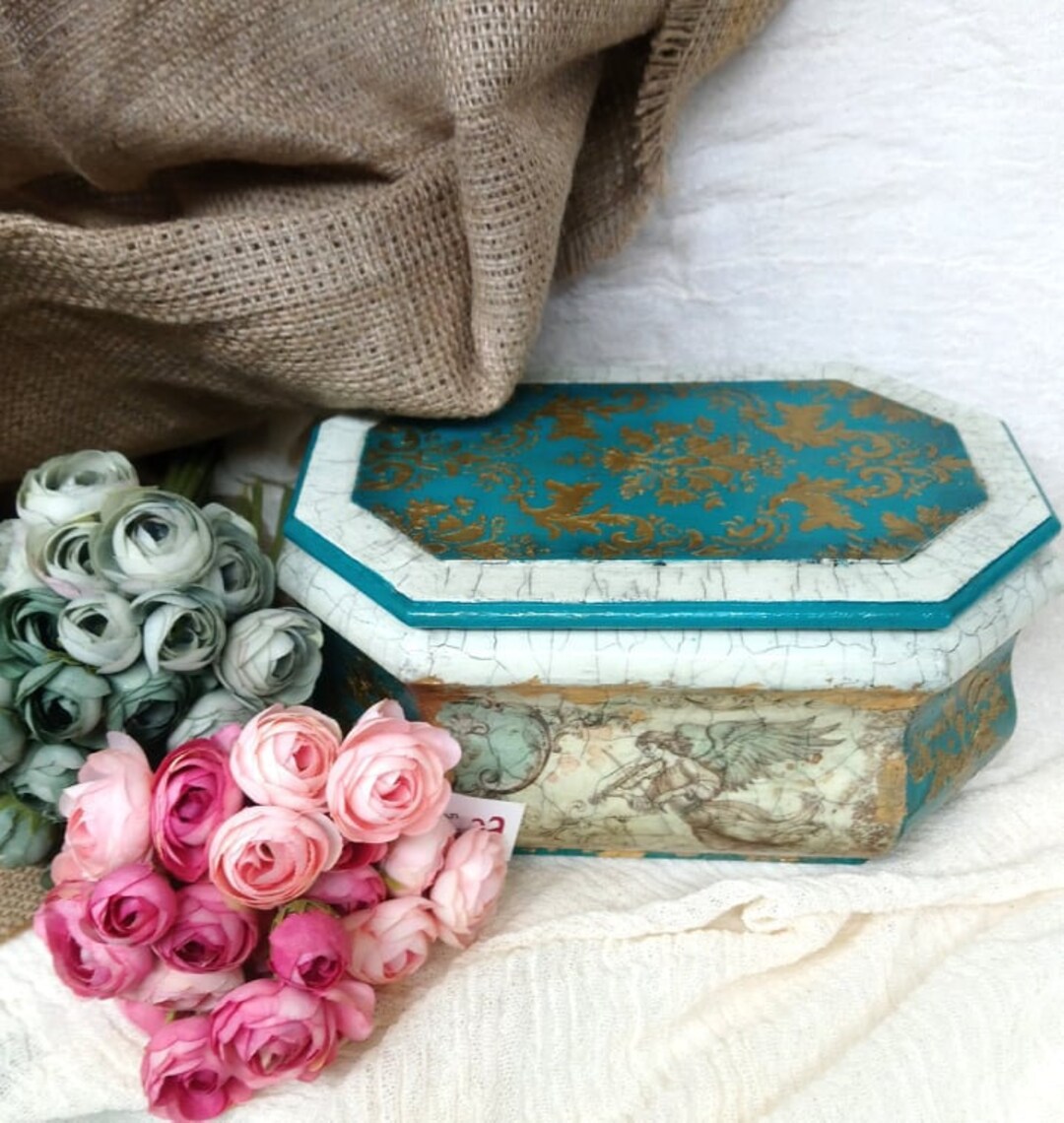 Handcrafted Baroque Wooden Jewelry Box – Teal & Gold Accents - Etsy