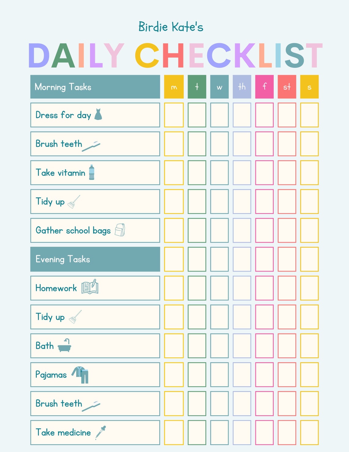 Daily Chore Chart Checklist for Kids - DIGITAL FILE - Etsy