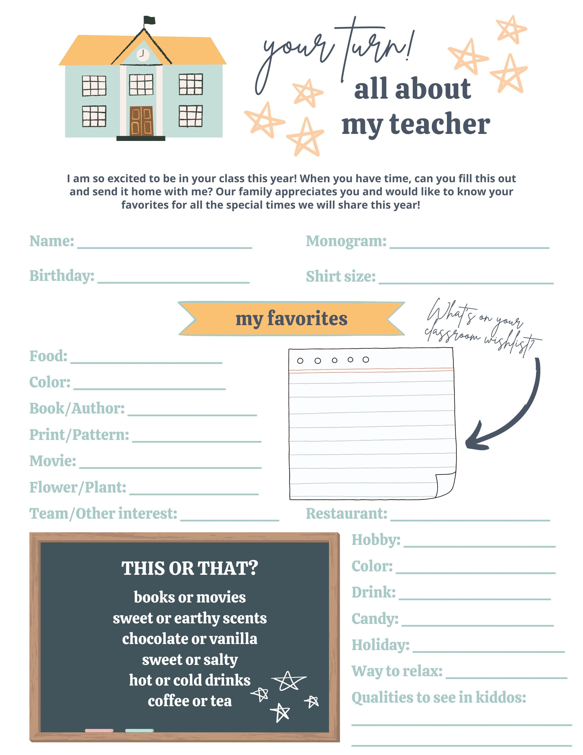 About the Teacher Info Sheet - Etsy