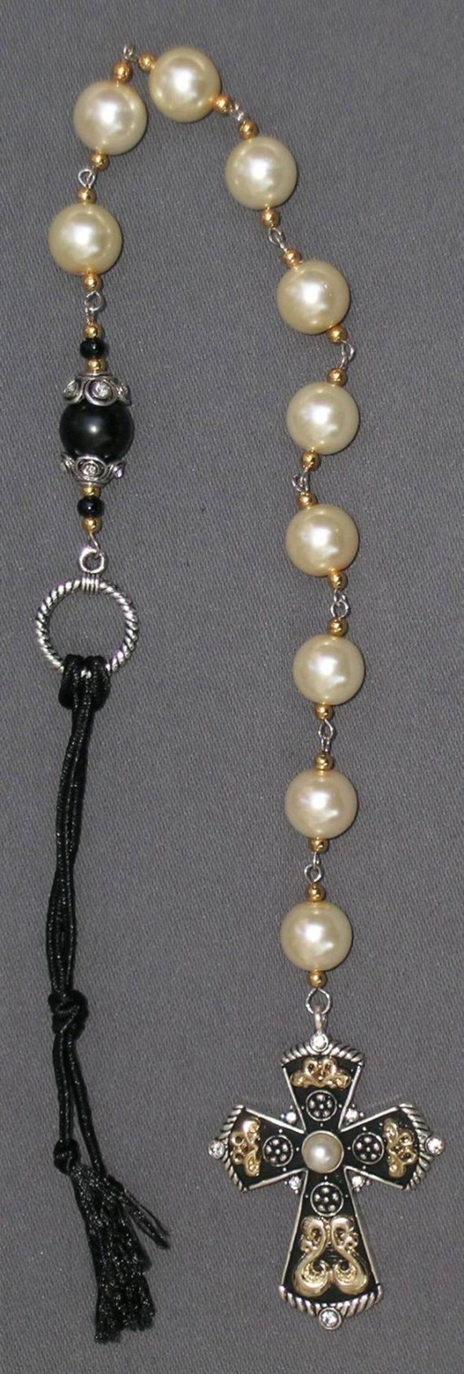 Pearl & Jet Paternoster Rosary with Black Enameled Cross and | Etsy