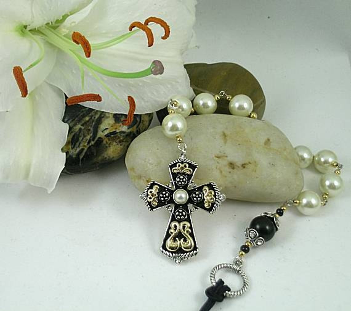 Pearl & Jet Paternoster Rosary with Black Enameled Cross and | Etsy