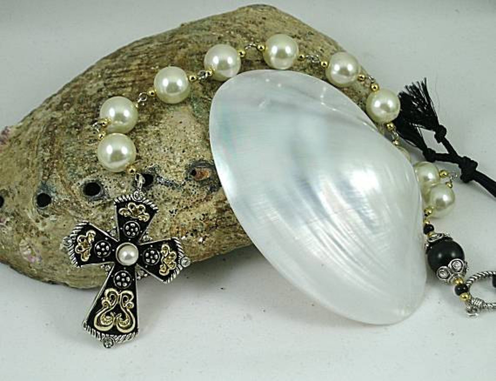 Pearl & Jet Paternoster Rosary with Black Enameled Cross and | Etsy