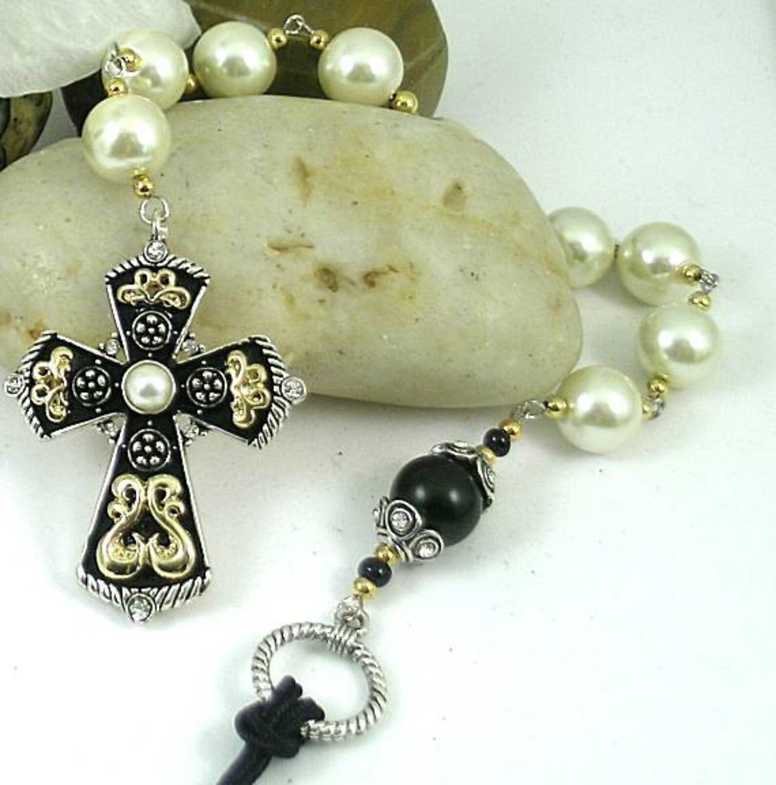 Pearl & Jet Paternoster Rosary with Black Enameled Cross and | Etsy