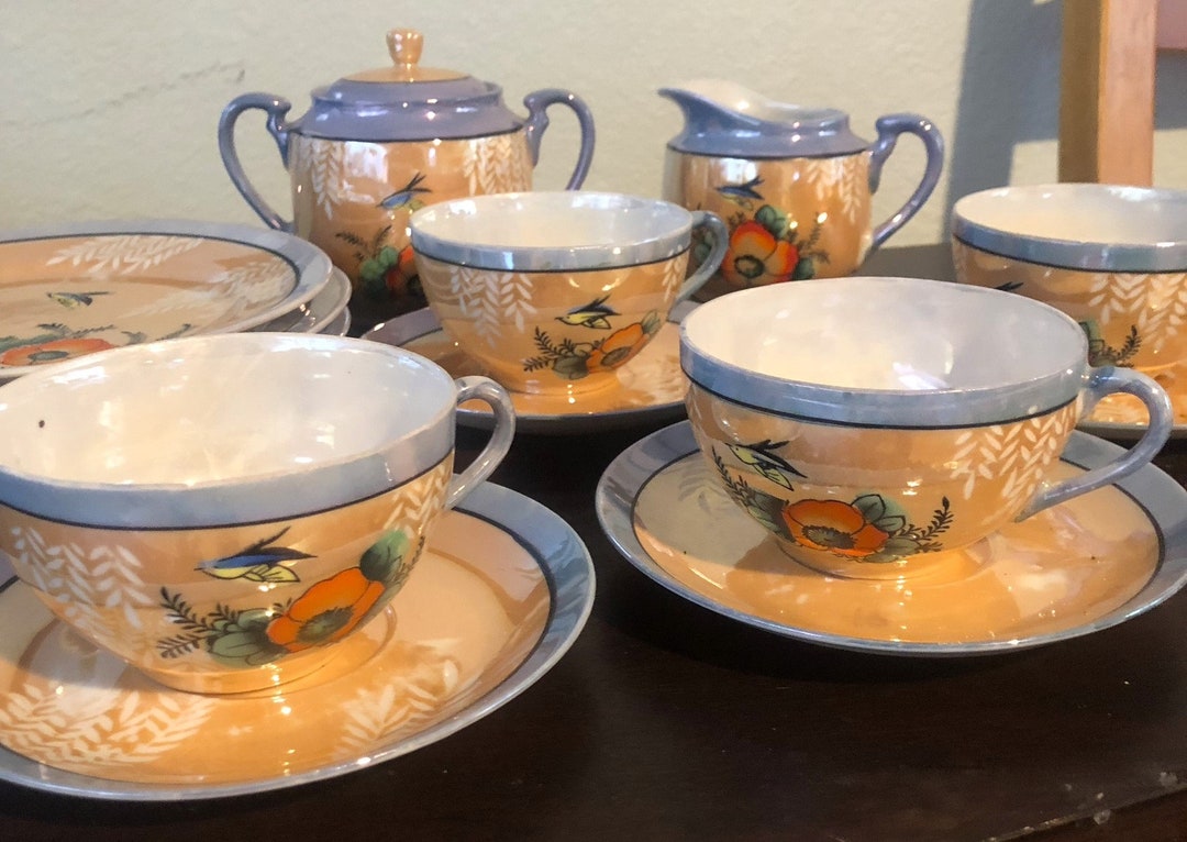 Vintage Lusterware Hand Painted 14pc TEA SET Japan Peach Blue Bird ...