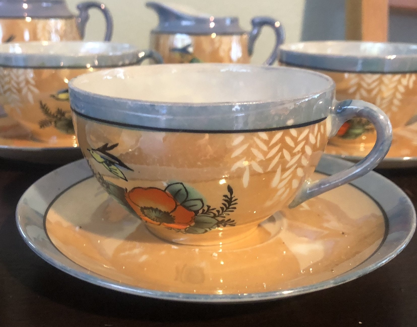 Vintage Lusterware Hand Painted 14pc TEA SET Japan Peach Blue Bird ...