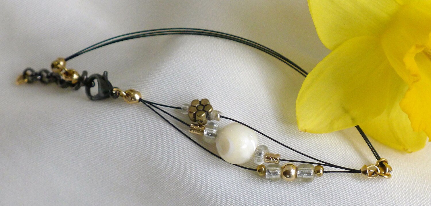 Three-stranded Forearm or Upper Arm Braceletgold, White,clear Beads in ...