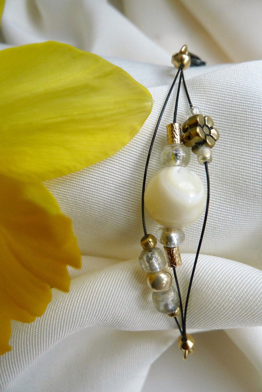 Three-stranded Forearm or Upper Arm Braceletgold, White,clear Beads in ...