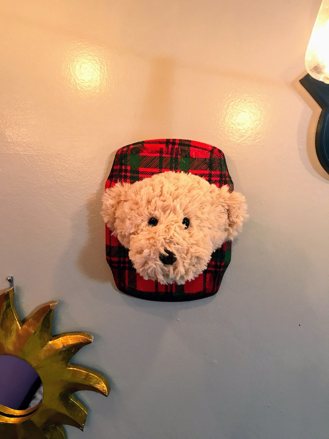 Stuffed Bear Mounted Trophy Head Red Plaid Wood Plaque Faux Vegan ...