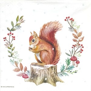 Q393 3 Pieces of Single Paper Napkins for Decoupage, Craft Tissue, Winter Squirrel on Stump With ...