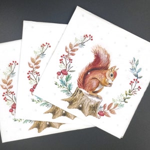 Q393 3 Pieces of Single Paper Napkins for Decoupage, Craft Tissue, Winter Squirrel on Stump With ...