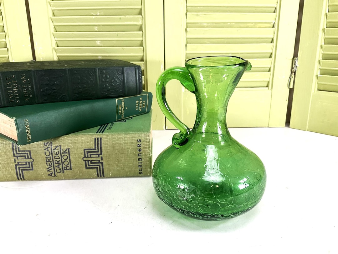 Vintage Pilgrim Glass Emerald Green Crackle Glass Pitcher/vase - 6 ...
