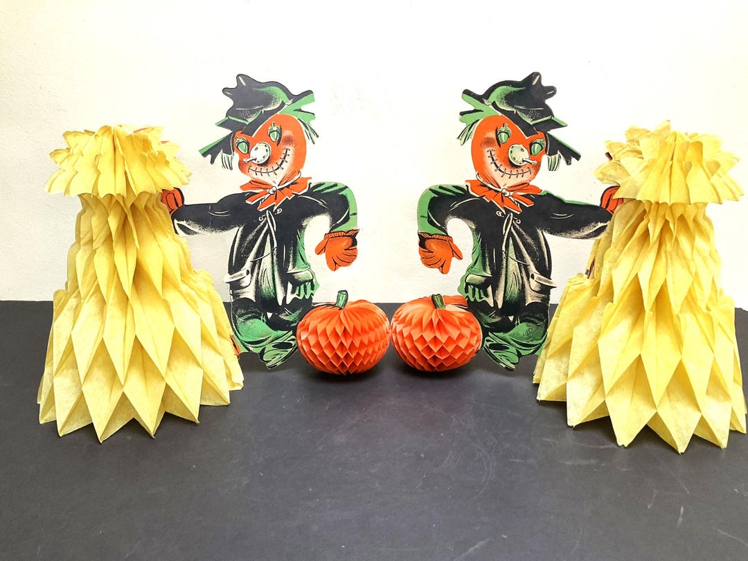 Vintage Beistle 1958 Scarecrow Die Cut With Honeycomb Haystack and ...