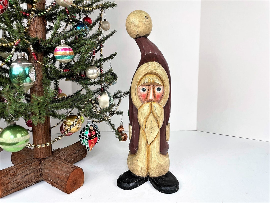 Vintage Primitive Hand Carved Wooden Santa - 17" - Folk Art Carved Wood ...