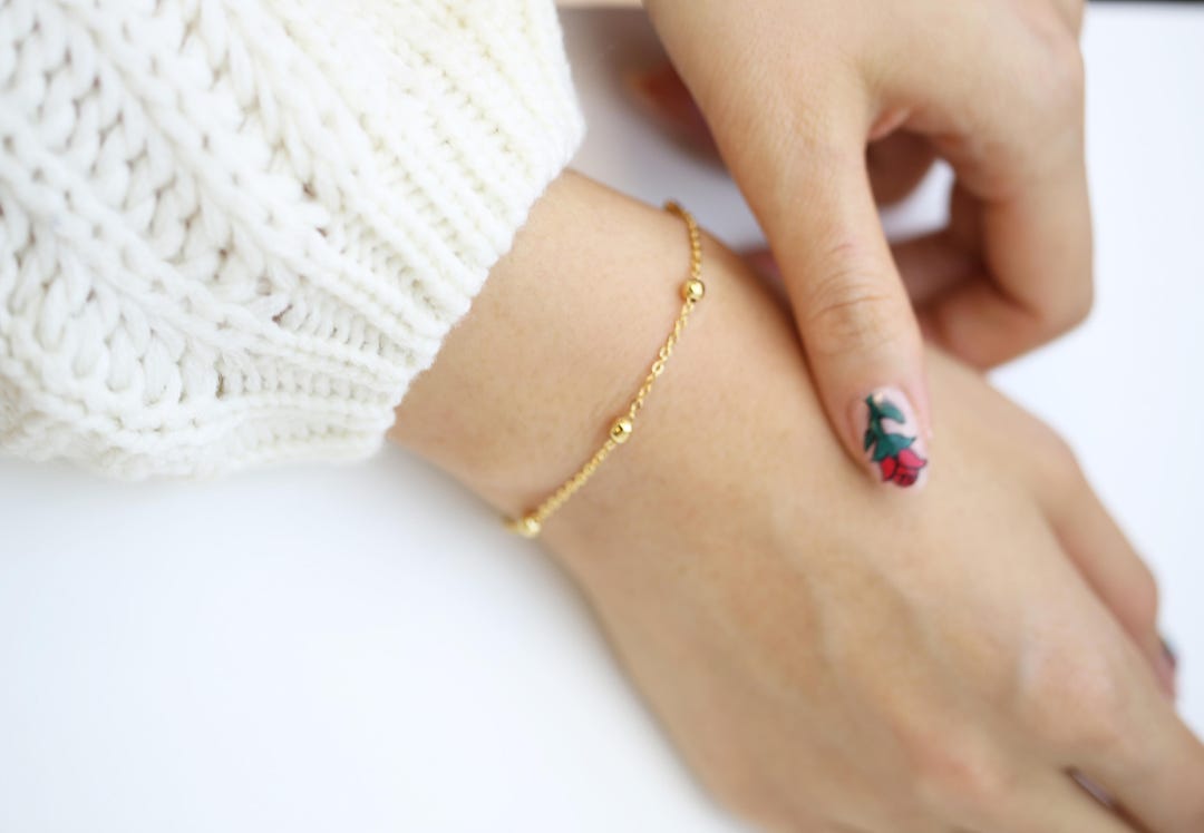 Gold Beaded Ball Bracelets // Single Chain Satellite Bracelet // Dew Drop Chain Bracelet ...