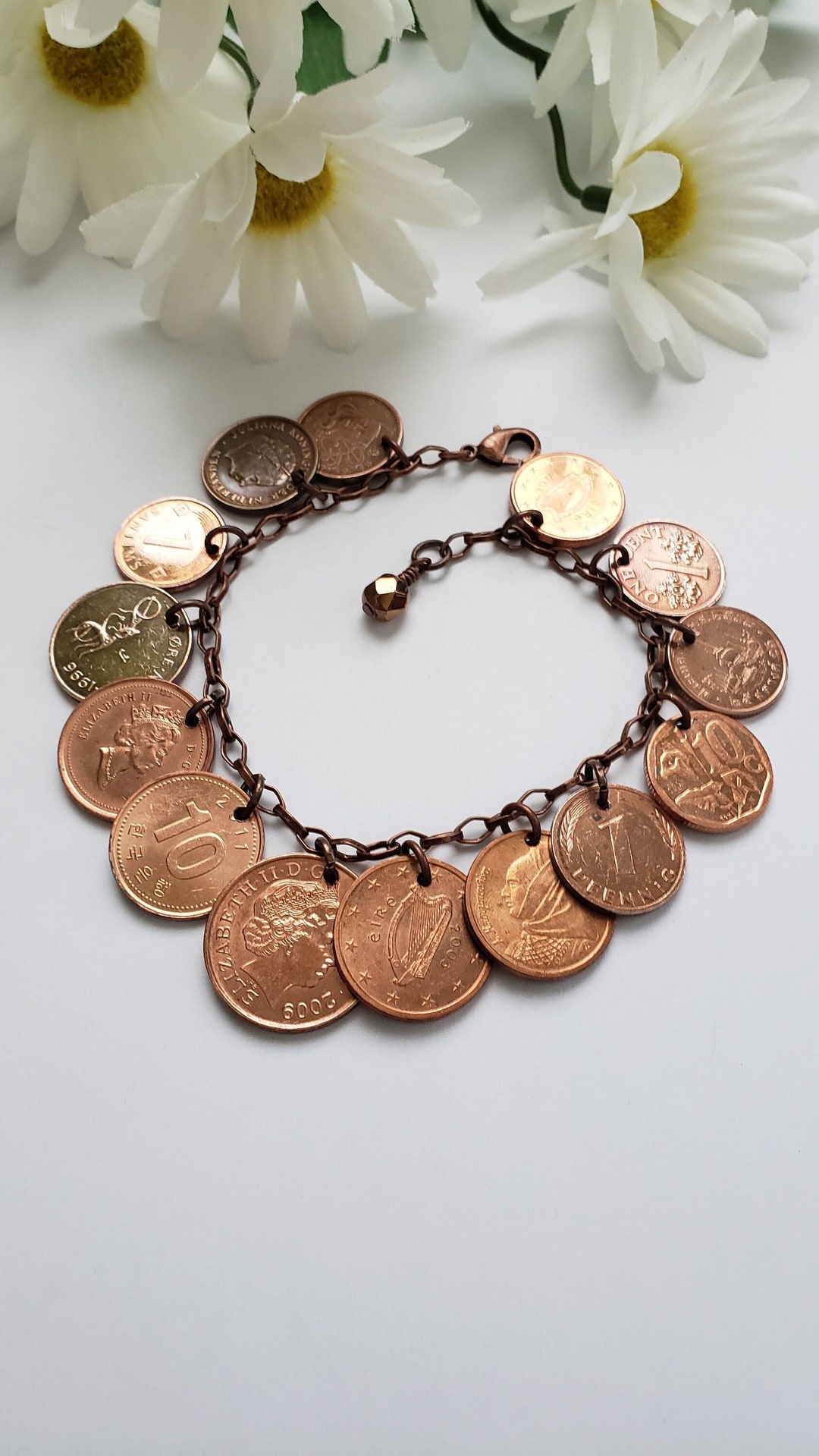 Coin Charm Bracelet Copper Coins Bracelet Repurposed - Etsy