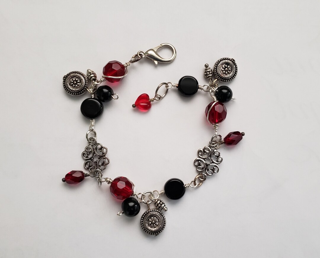 Red and Black Bracelet, Beaded Bracelet, Repurposed Jewelry, Birthday ...