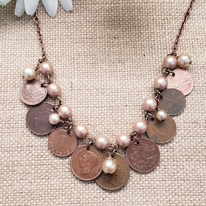 Copper Coin Necklace, Copper Coin Jewelry, Coin and Pearl Necklace ...
