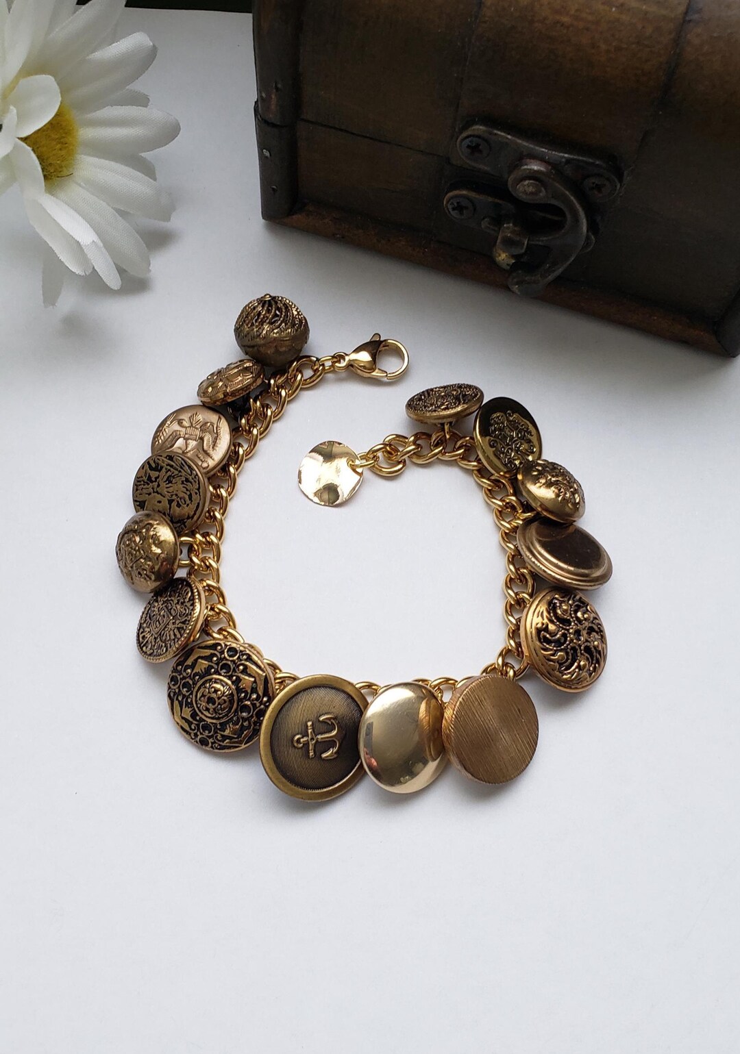 Gold Button Charm Bracelet, Vintage Button Bracelet, Old Button Jewelry ...