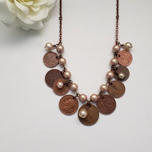 Copper Coin Necklace, Copper Coin Jewelry, Coin and Pearl Necklace ...