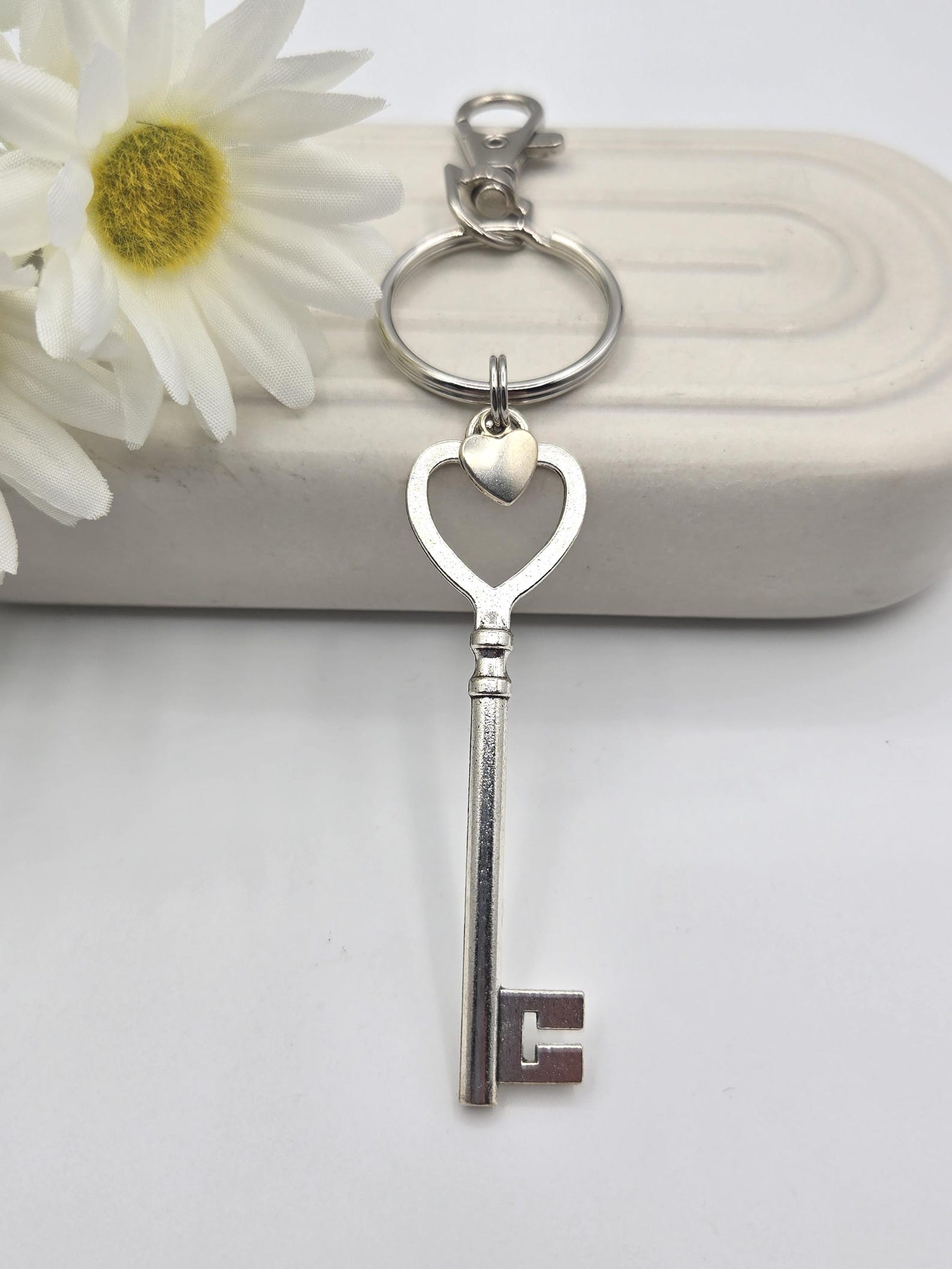 Vintage-style Skeleton Key Keychain, Two Heart Keychain, Silver Heart ...